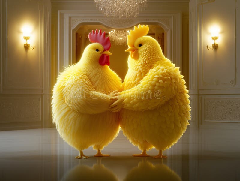 Two Fluffy Animated Chickens Holding Hands in an Elegant Setting. Stock ...