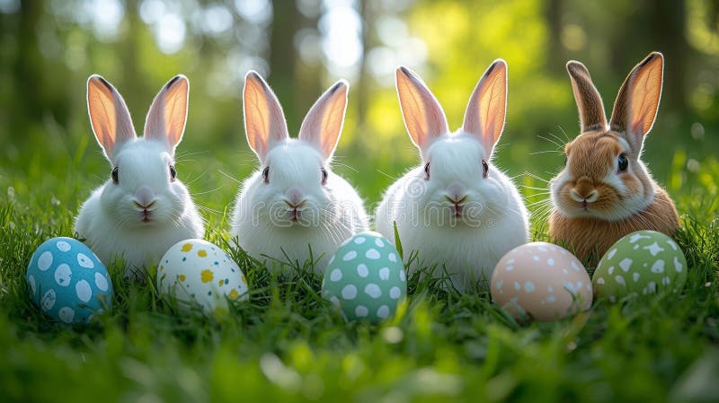 Charming Scene Four Rabbits Colorful Easter Eggs Stock Photos - Free ...