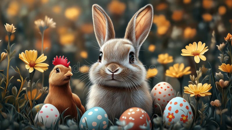 Charming Scene Rabbit Chicken Colorful Easter Eggs Stock Photos - Free ...