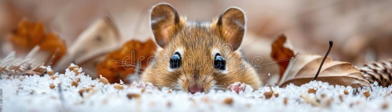 Adorable Mouse Peeking through Snow Covered Ground with Autumn Leaves ...