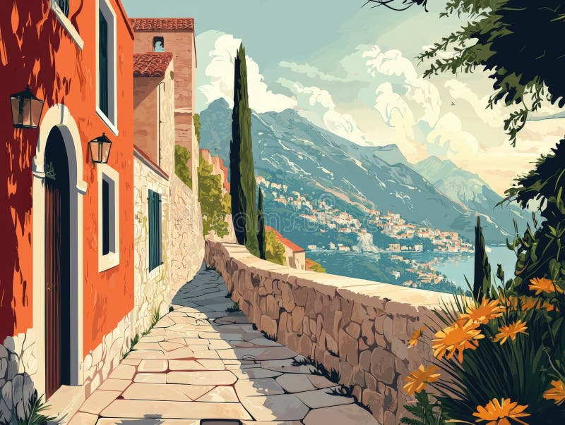 Charming Scenic Pathway by the Sea Stock Illustration - Illustration of ...