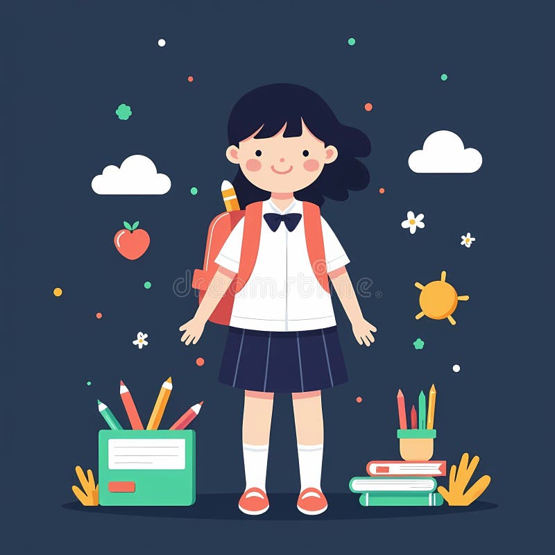 Charming School Girl Vector Illustration: Education and Creativity ...