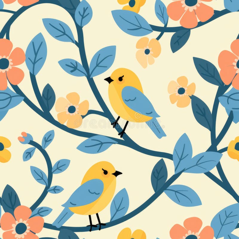 Charming Seamless Bird and Berry Pattern for Textile Design Stock ...