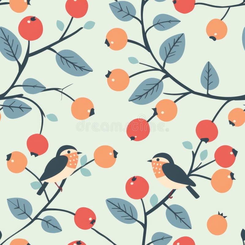 Charming Seamless Bird and Berry Pattern for Textile Design Stock ...