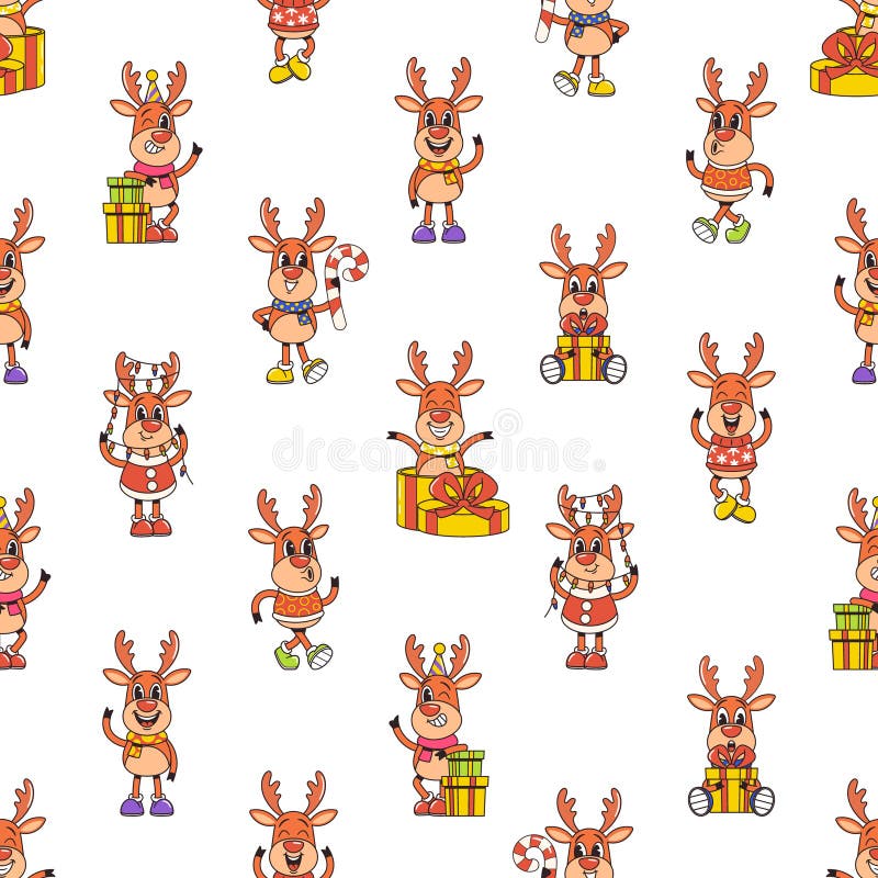 Charming Seamless Pattern Featuring Retro Christmas Deer Cartoon ...