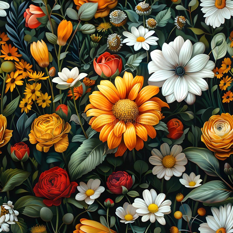 Charming Seamless Pattern of Flowers and Playful Shapes, Whimsical Fun ...