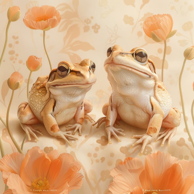 Charming Seamless Pattern of Retro Orange Wildflowers and Frogs for ...