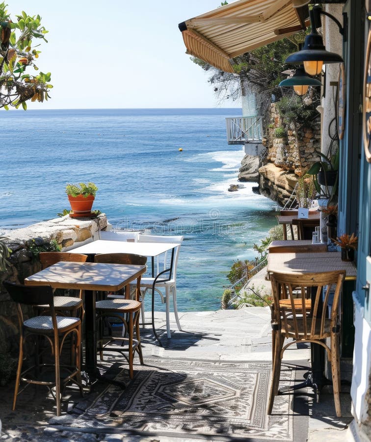 A Charming Seaside Cafe with Outdoor Seating and Ocean Views Stock ...