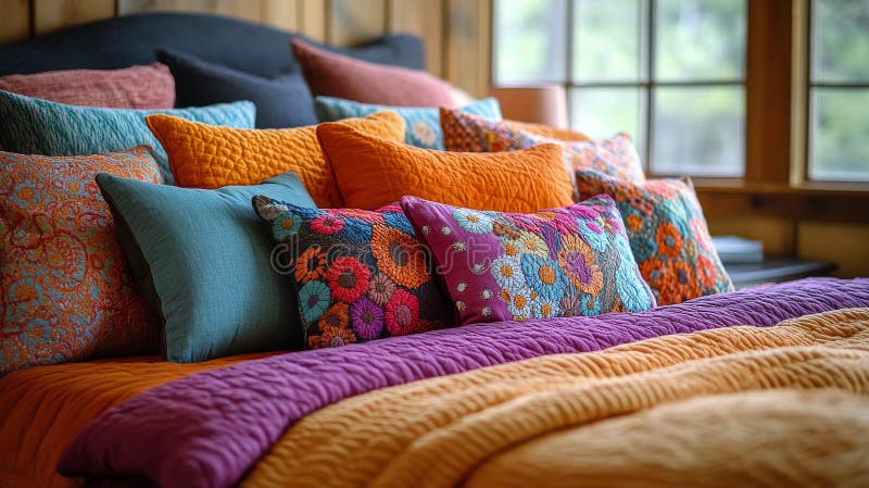 Cozy Seating Area with Colorful Cushions and Vibrant Textiles in a ...