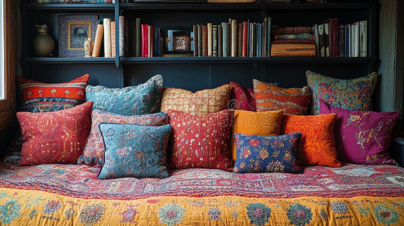 Cozy Seating Area with Colorful Cushions and Vibrant Textiles in a ...