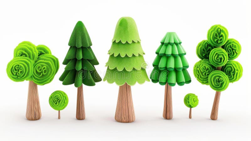 A Charming Set of 3D Cute Trees, Each Uniquely Designed, Standing Out ...