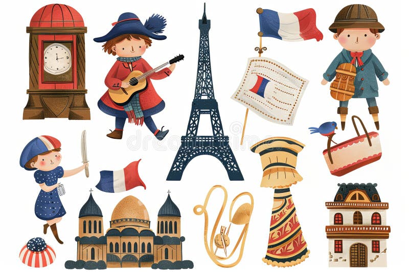 Charming Set of Illustrations with a French Theme, Showcasing the ...