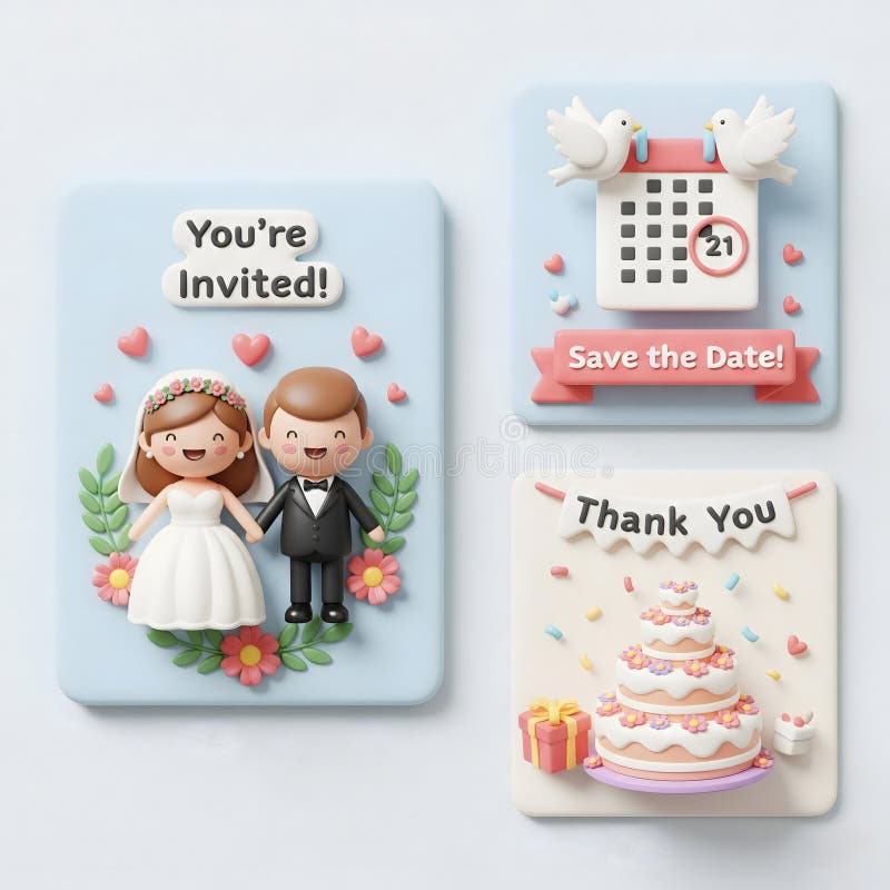 3D Cartoon Wedding Set with Invitation and Save the Date Cards Stock ...