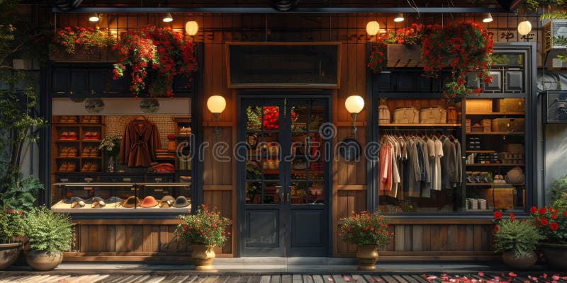Charming Shop Facade with Hanging Flowers and Wooden Details. Created ...