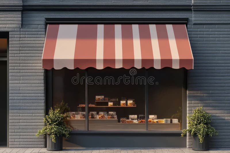 Charming Shop Front Featuring Striped Awning, Showcasing Various ...