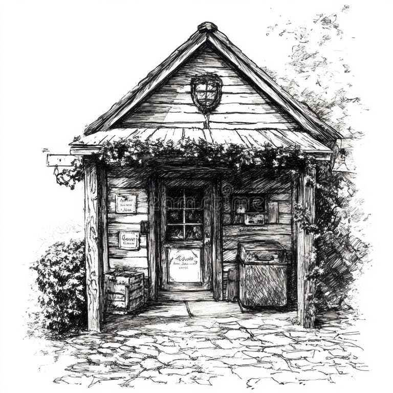 Charming Sketch of a Rustic Storefront with Detailed Architectural ...