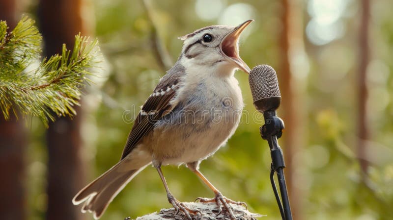Small Bird Singing into Microphone in Forest Wildlife Nature ...