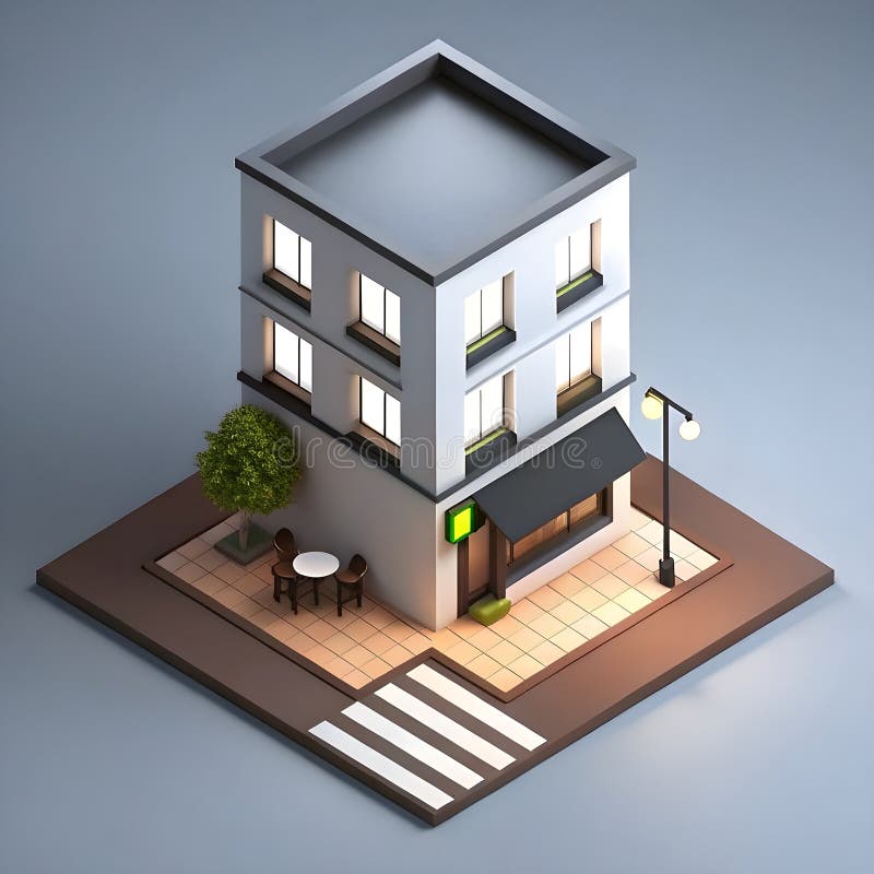 Charming Small Building Illuminated at Night 3D Rendering Stock ...