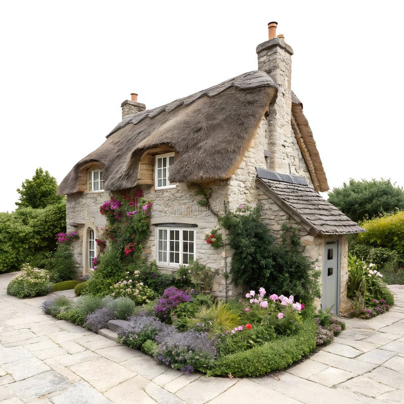 Charming Small Stone Cottage with Garden Stock Illustration ...