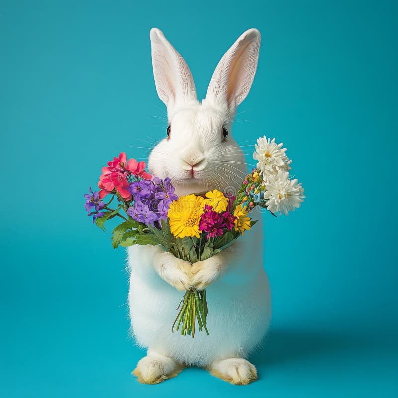 A Charming Small White Easter Bunny Adorned with Fresh Pastel Spring ...