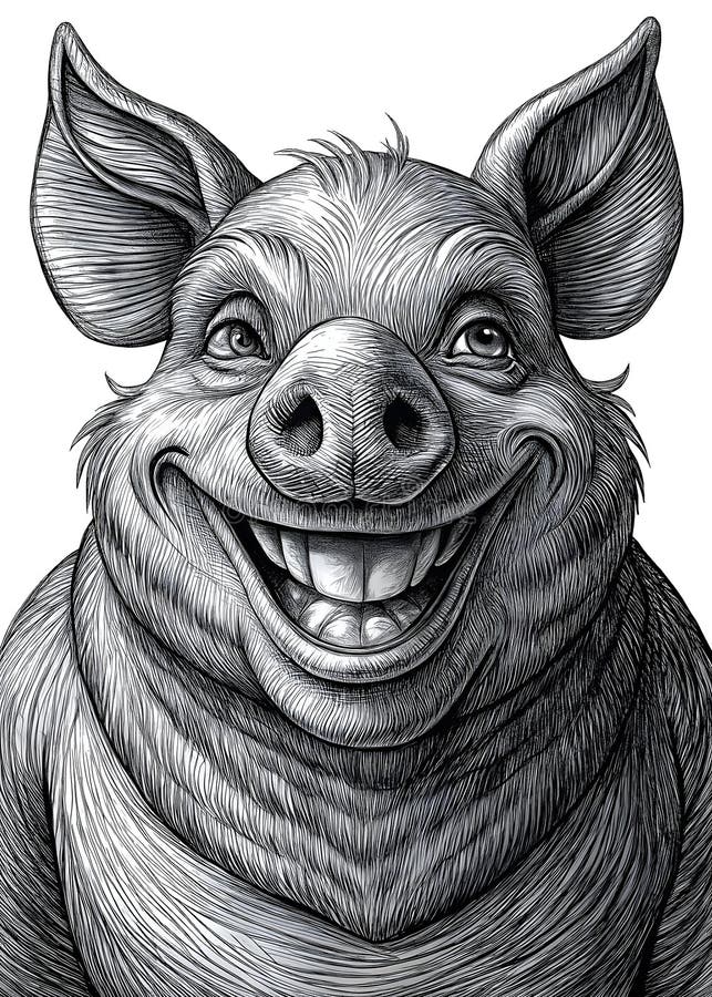Charming Smiling Pig Illustration Detailed Line Art Expression Stock ...