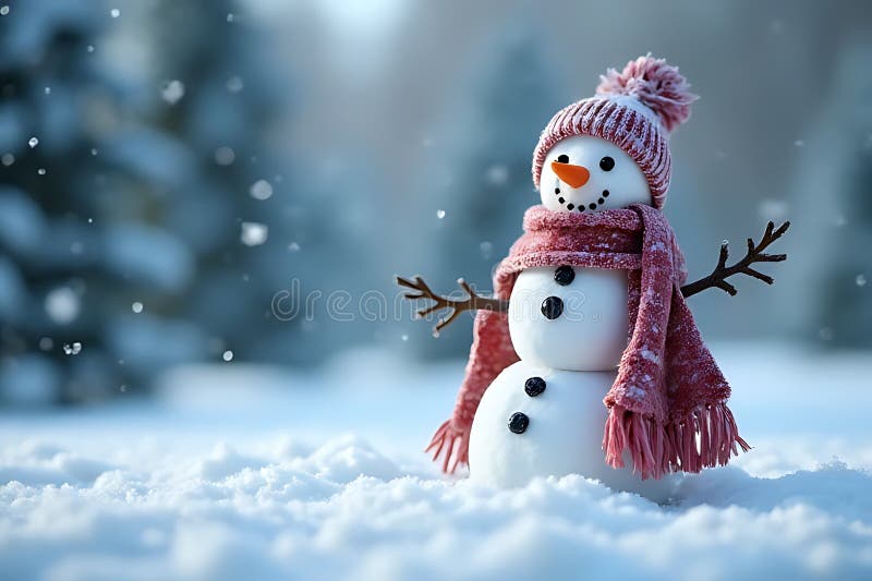 A Charming Snowman Stands Cheerfully Amidst Softly Falling Snow in a ...