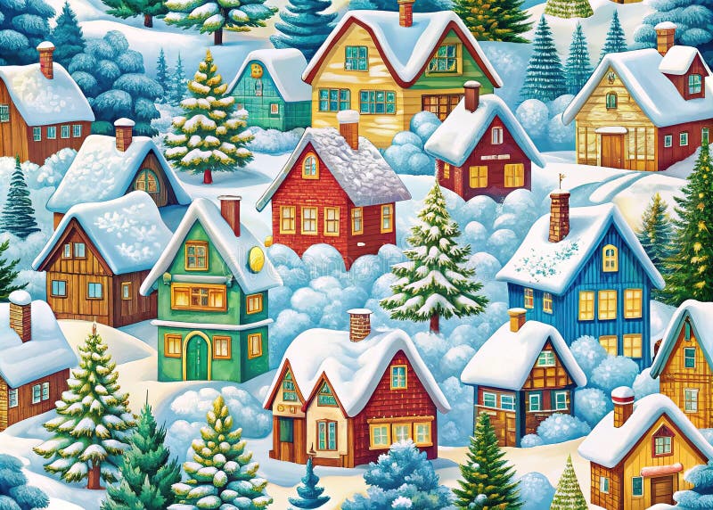 Charming Snowy Hillside Cottages a Seamless Pattern Background for ...