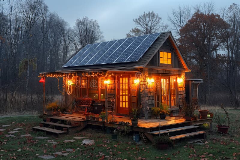 Charming Solar-Powered Cottage Illuminated in the Evening with ...