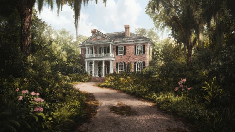 Charming Southern Mansion in Lush Forested Garden Setting Stock ...
