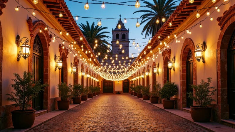 Charming Spanish Colonial Courtyard with String Lights at Dusk Stock ...