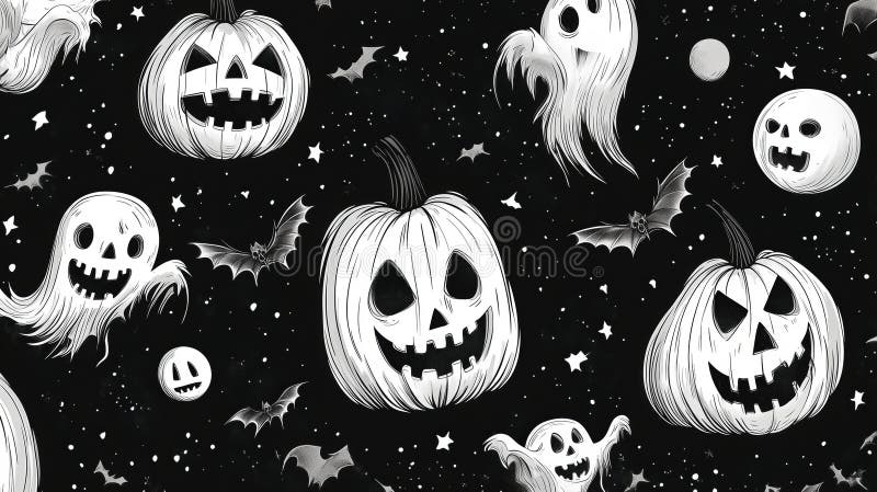 Monochrome Halloween Pattern with Pumpkins, Ghosts, and Bats. Stock ...