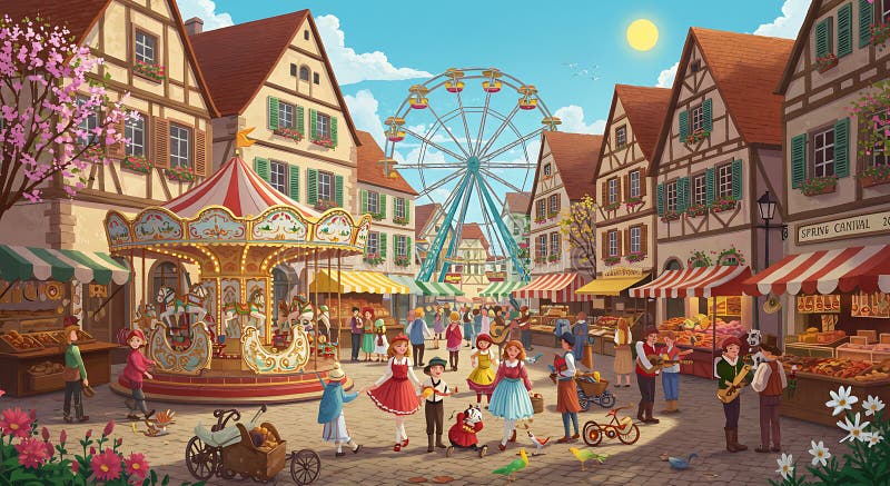 Charming Spring Carnival Scene with Carousel and Ferris Wheel ...