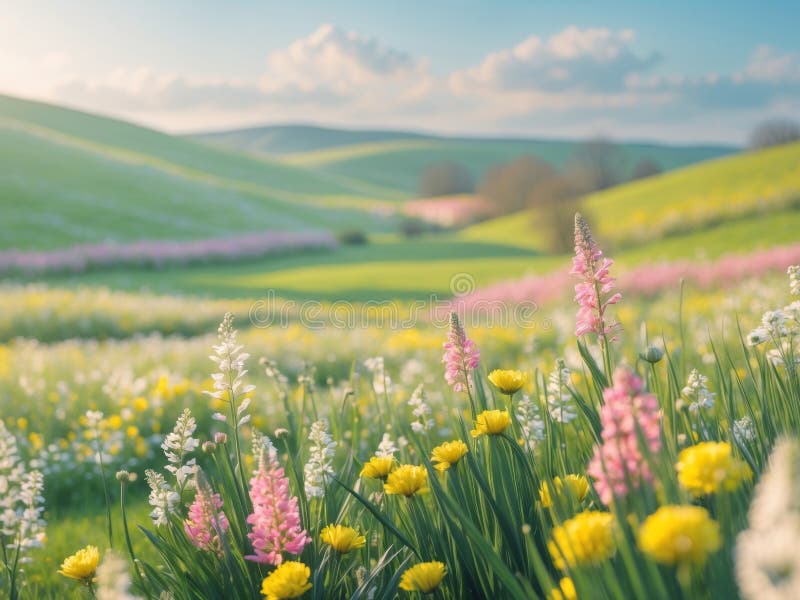 Charming Spring Countryside with Blooming Fields and Rolling Hills for ...