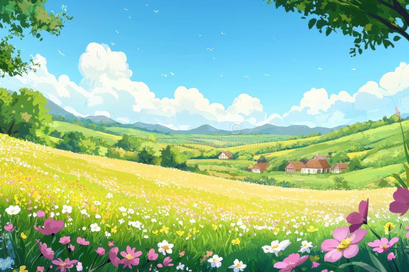 Charming Spring Countryside with Blooming Fields and Rolling Hills for ...