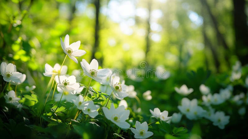 Charming Spring Forest Scene with Delicate White Anemones and Blooming ...