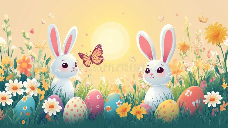Charming Spring Garden with Bunnies and Colorful Easter Eggs Stock ...