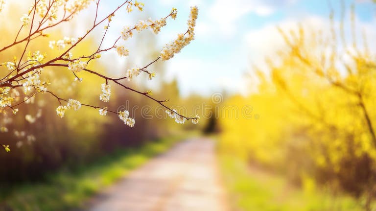 Charming Spring Landscape with Blooming Willow Branches and Forest Path ...