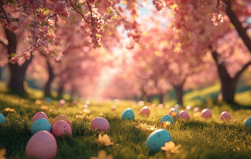 Colorful Easter Eggs Grass Cherry Blossoms Spring Setting Stock Photos ...
