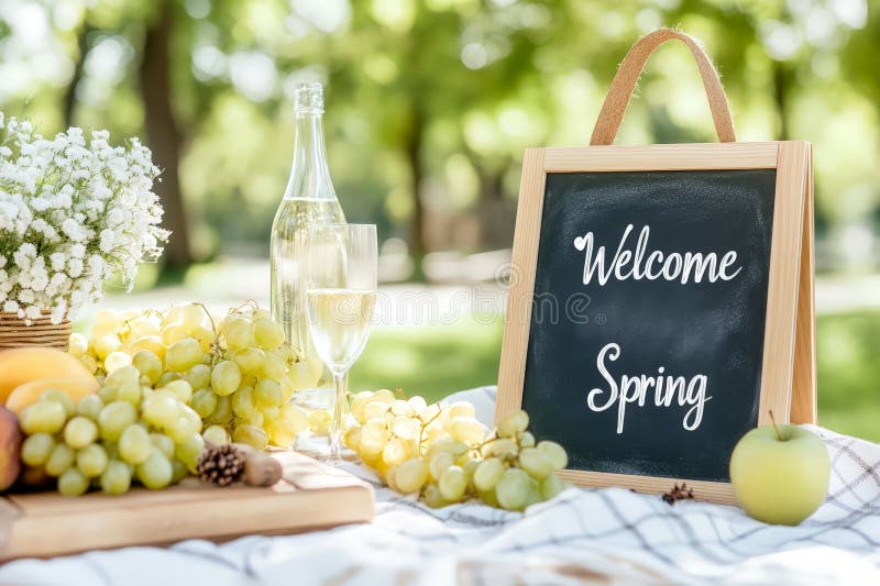 A Charming Spring Picnic Setup with a Welcoming Sign, Fresh Fruit, and ...