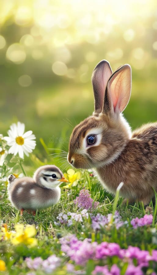 Charming Spring Scene with Baby Bunny and Chick in a Colorful Meadow ...