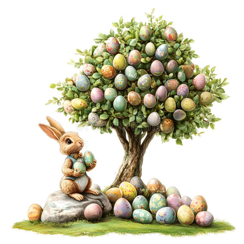 Charming Spring Scene with a Rabbit Gathering Colorful Eggs Under a ...