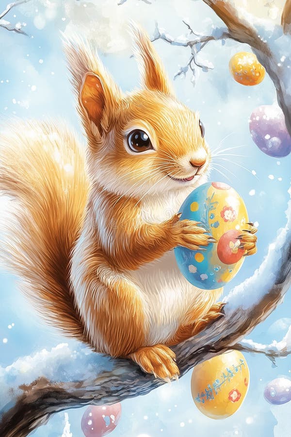 A Charming Squirrel Embraces a Vibrant Easter Egg while Perched on a ...
