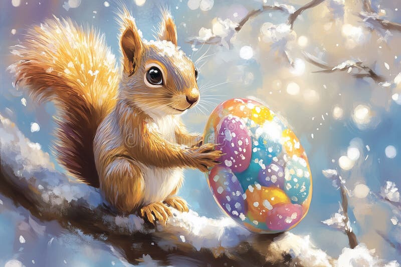 A Charming Squirrel Holds a Bright Easter Egg Amidst Gentle Snowflakes ...