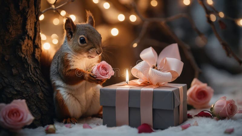 Adorable Squirrel with Pink Rose and Gift Box for Valentine S Day Stock ...