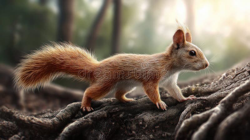 A Charming Squirrel is Perched on a Tree Root, Exploring the Forest ...