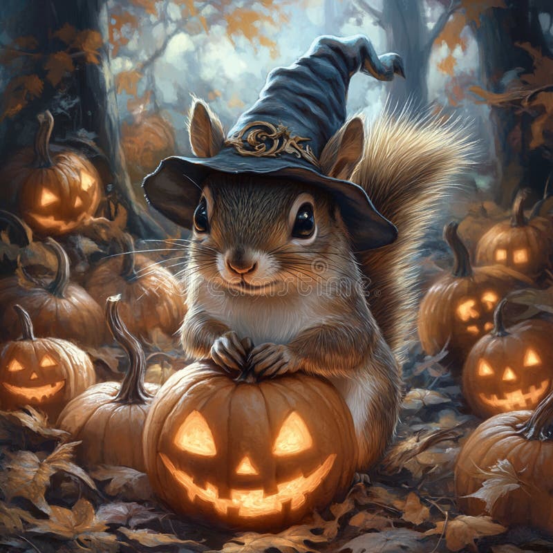 A Charming Squirrel Wearing Tiny Wizard Hat Sits among Glowing Pumpkins ...