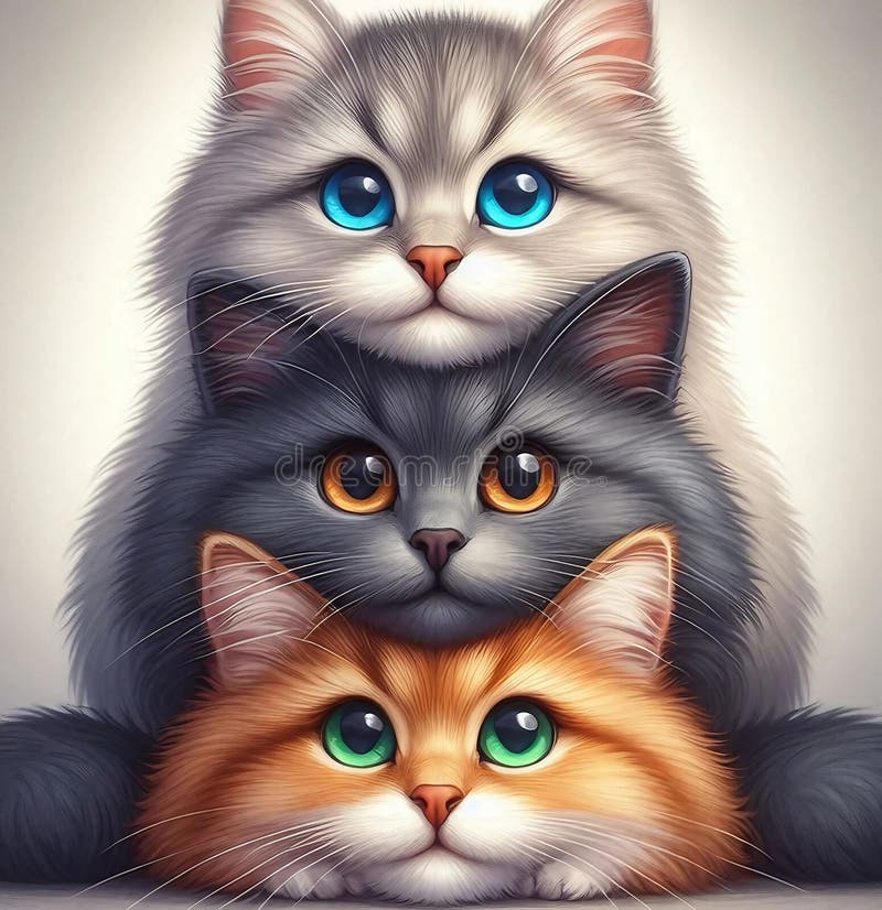 Charming Stack of Fluffy Cats with Expressive Faces and Vibrant Eyes ...