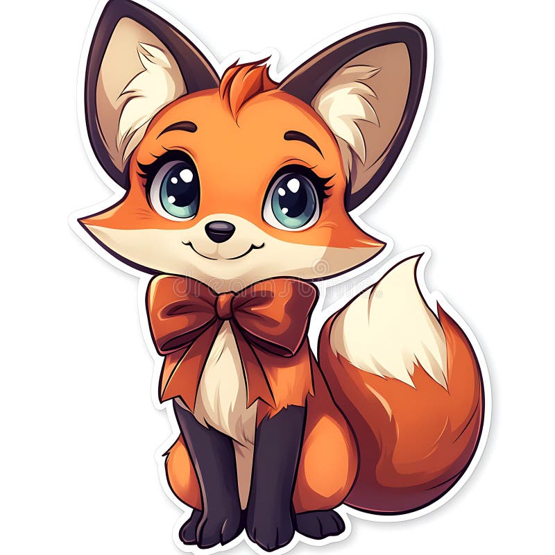 Cute Little Fox Sticker with Bow and Tail Stock Illustration ...