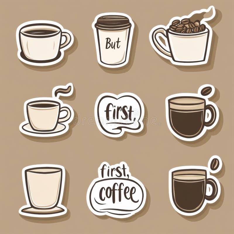 Coffee Themed Sticker Set Featuring Cups, Beans, and Motivational ...