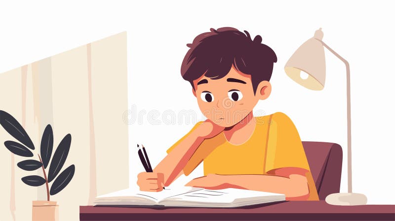 Thoughtful Boy Doing Homework Looking Away Stock Vector - Illustration ...